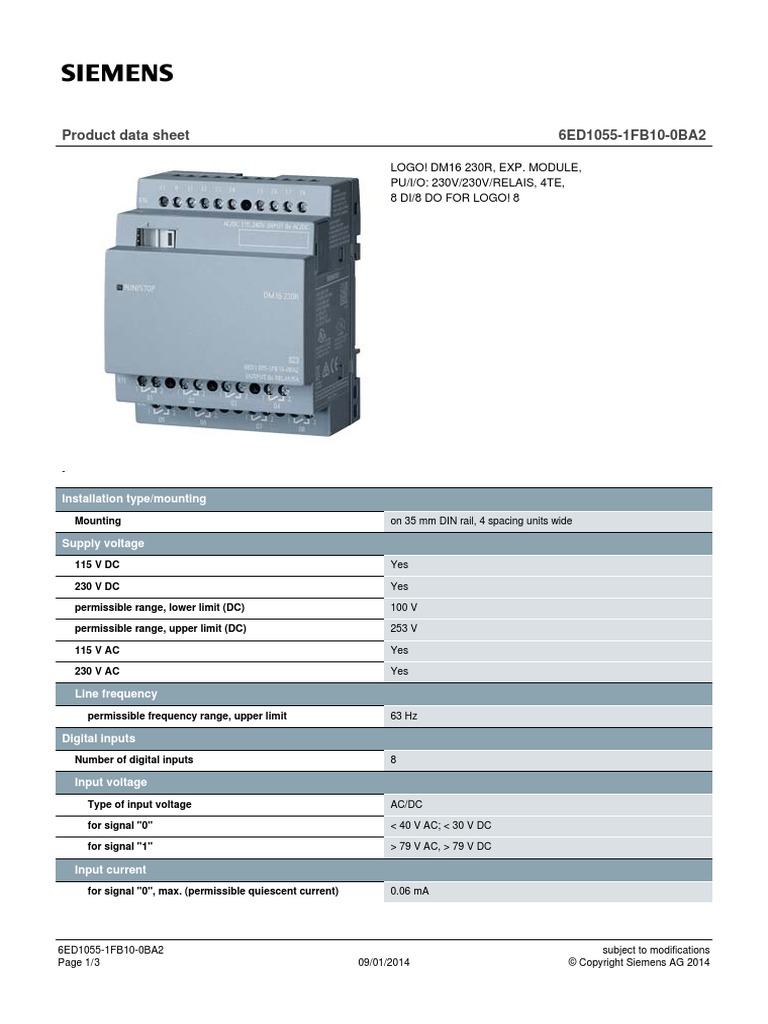 Product Data Sheet 6ED1055-1FB10-0BA2: Logo! Dm16 230R, Exp. Module, PU ...