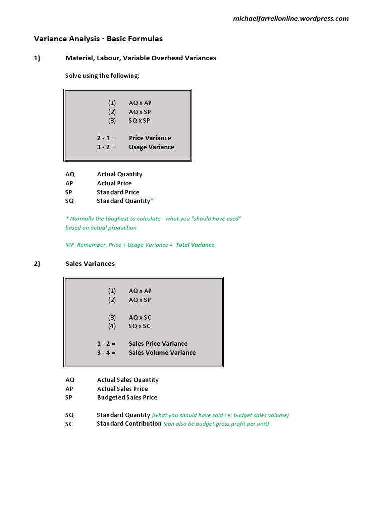 Variance Analysis - Basic Formulas: 1) Material, Labour, Variable Overhead Variances | PDF ...