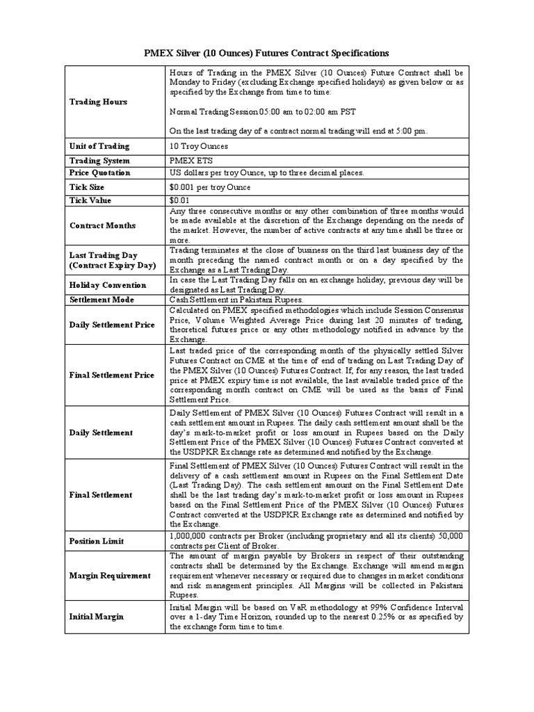 PMEX Silver (10 Ounces) Futures Contract Specifications | PDF | Futures ...