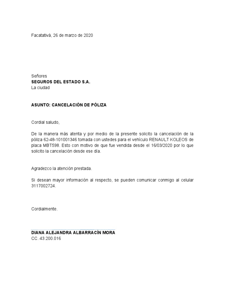 Carta De Cancelacion De Poliza