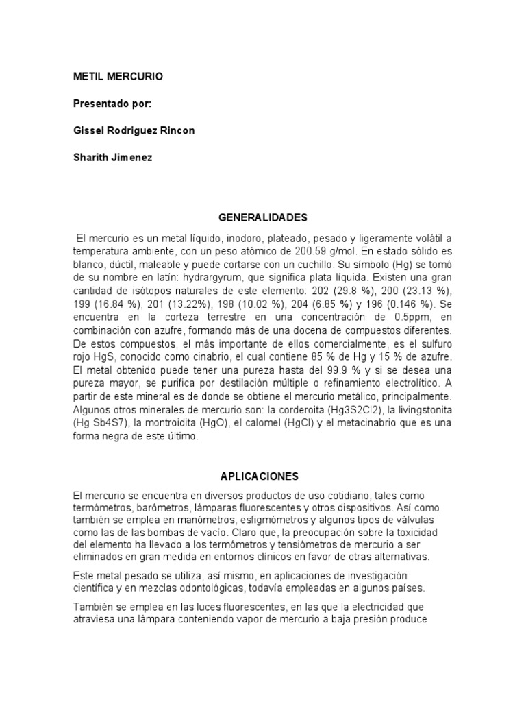 Ensayo Metil MERCURIO | PDF | Mercurio (Elemento) | Agua