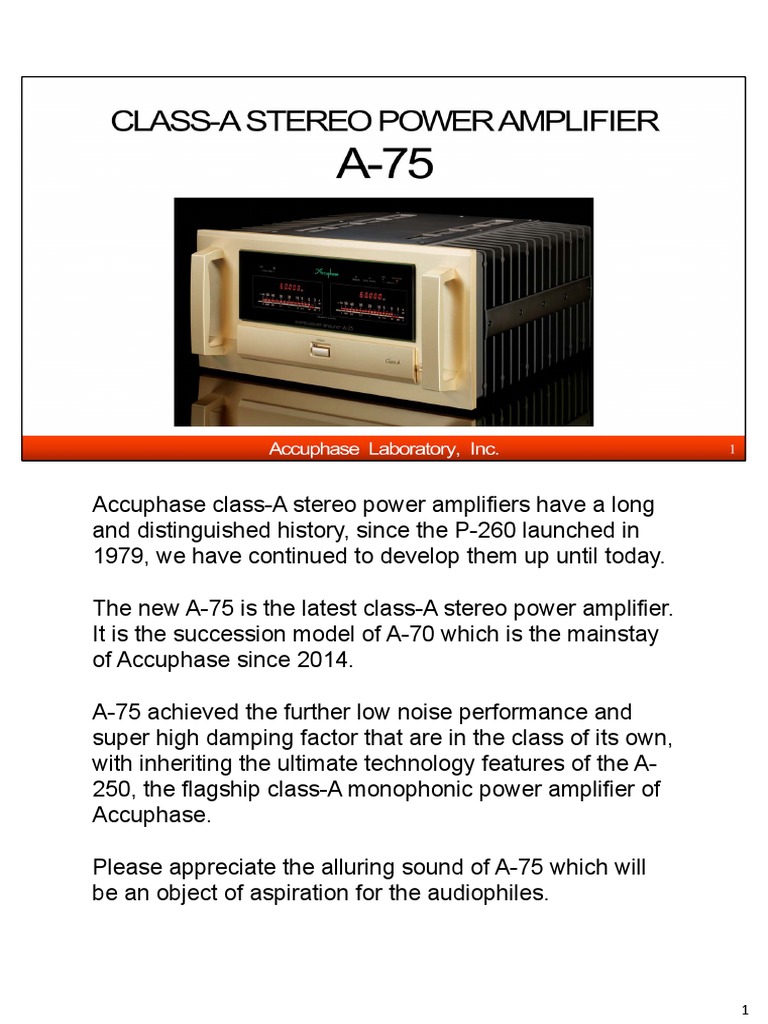 Accuphase A-75 Power Amplifier Overview | PDF | Amplifier | Loudspeaker