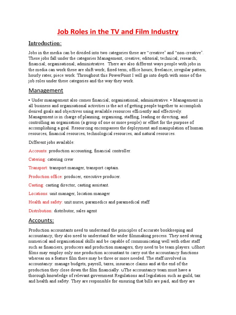Job Roles in The TV and Film Industry | PDF | Camera | Film Director
