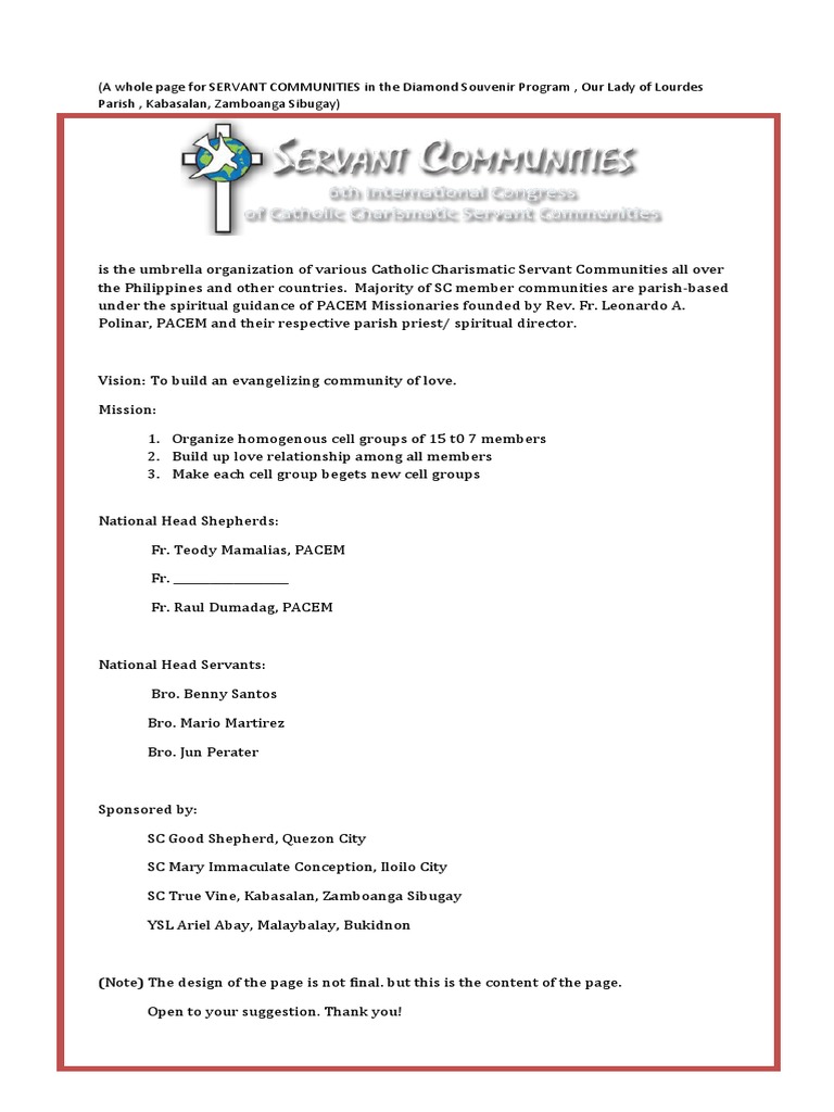 A Whole Page For SERVANT COMMUNITIES in The Diamond Souvenir Program I ...