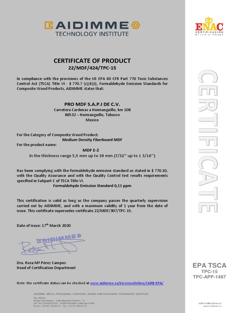 Epa Tsca Certificate 22 MDF 424 TPC 15 | PDF