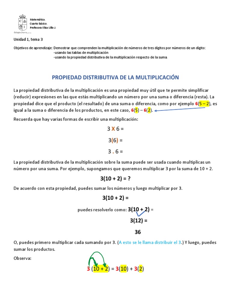 Propiedad Distributiva en Multiplicación | PDF | Multiplicación ...
