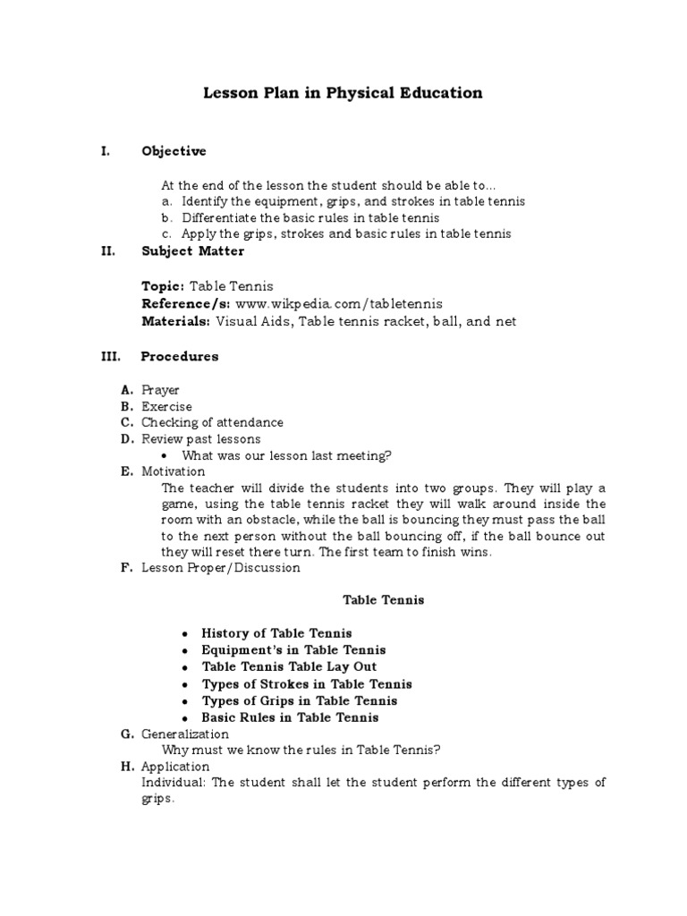 Lesson Plan in Physical Education | PDF | Table Tennis | Sports Equipment