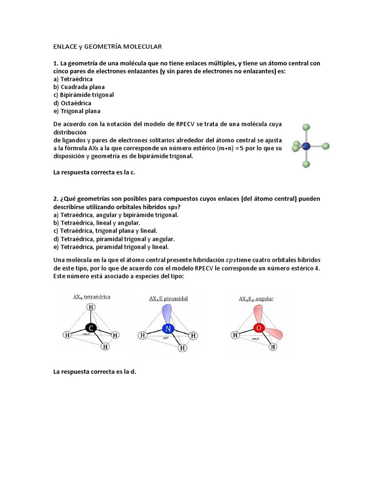 ENLACE y GEOMETRÍA MOLECULAR 10 Ejercicios | PDF | Enlace químico | Polaridad química