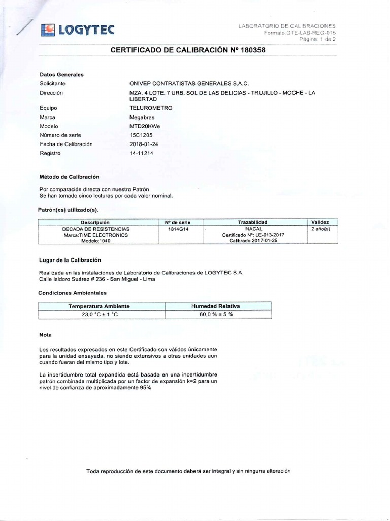 Certificado de Calibracion de Equipo I.E | PDF