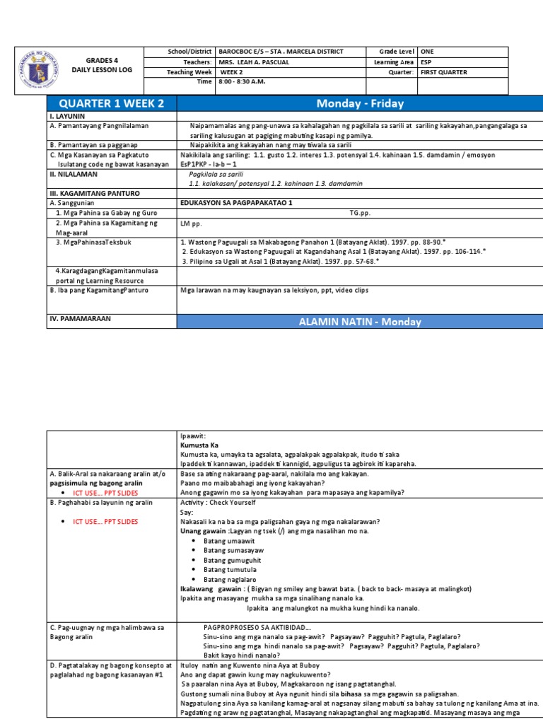 EsP 1 - Q1 W2 DLL DepEd 42 - Q1-LEAH PASCUAL AOUTPUT FOR LESSON EXEMPLAR Leah | PDF