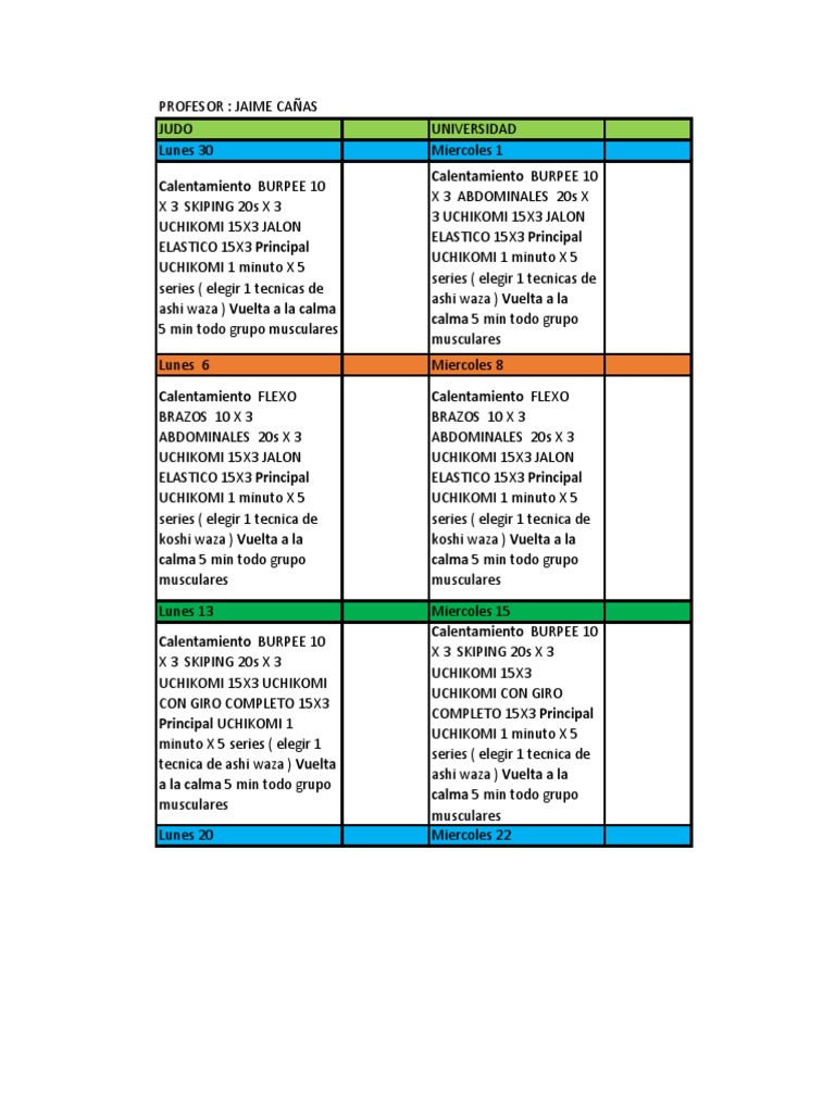 Entrenamiento de Judo: Rutinas Semanales | PDF