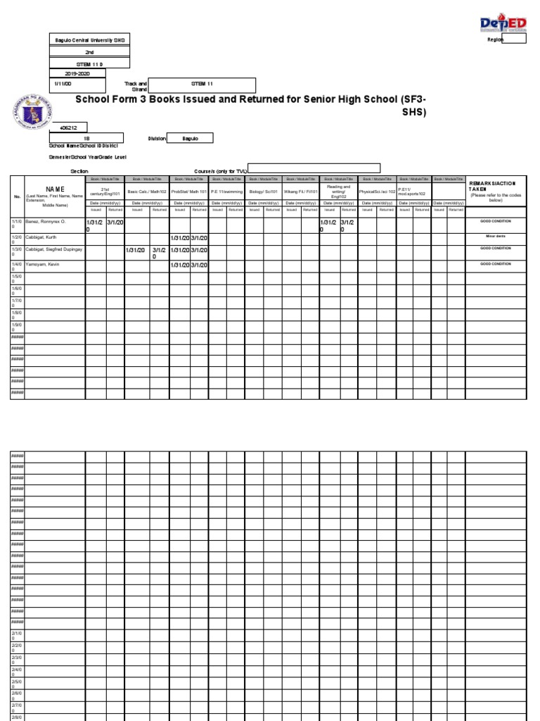 School Form 3 Books Issued and Returned For Senior High School (SF3-Shs ...