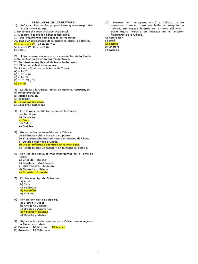 Preguntas de Literatura | PDF | Odiseo | Odisea