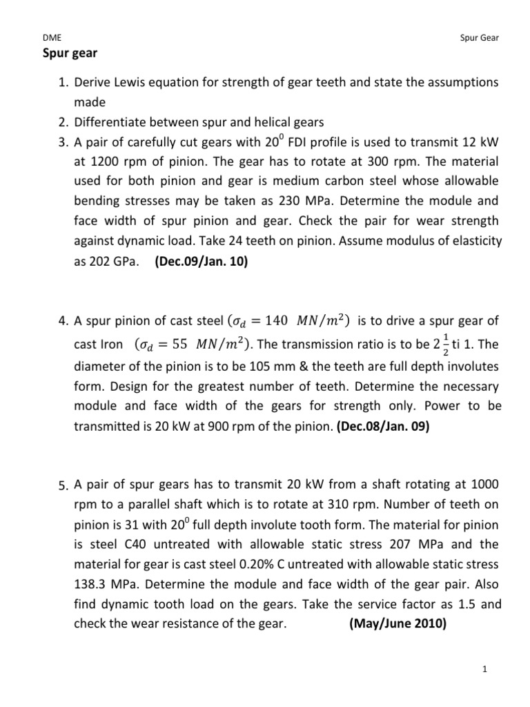 Spur Gear Problems PDF | PDF | Gear | Bending