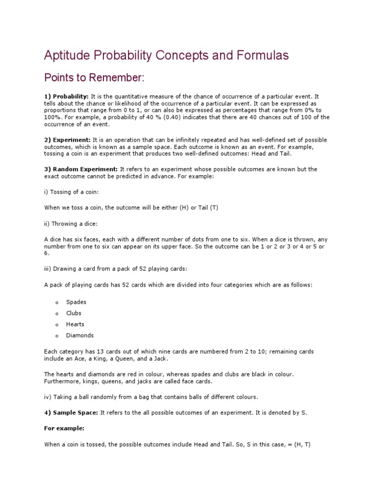 Aptitude Probability Concepts and Formulas | PDF | Probability ...