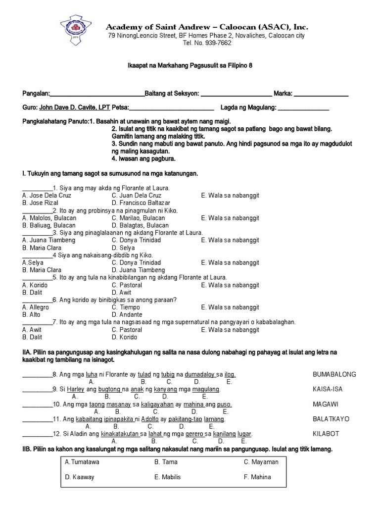 Ikaapat Na Markahang Pagsusulit Sa Filipino 8 | PDF