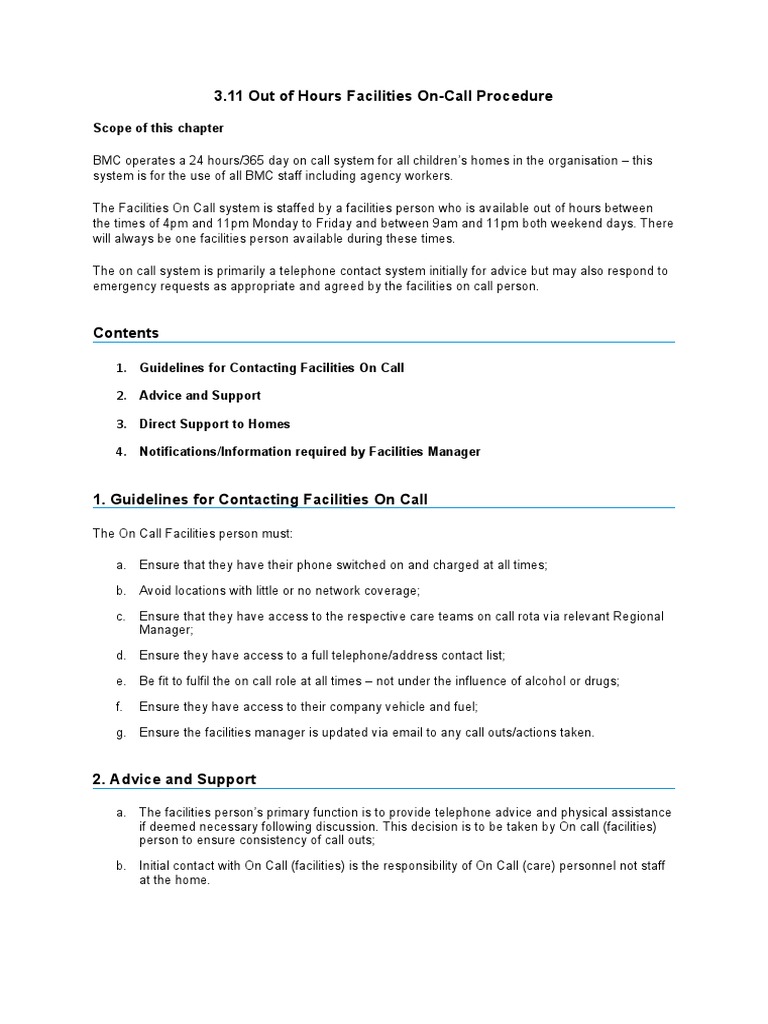 3.11 Out of Hours Facilities On-Call Procedure: Scope of This Chapter ...