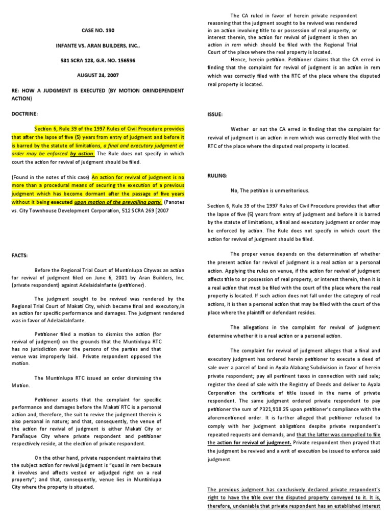 Case # 190 Infante vs. Aran Builders, Inc. | PDF | Judgment (Law ...