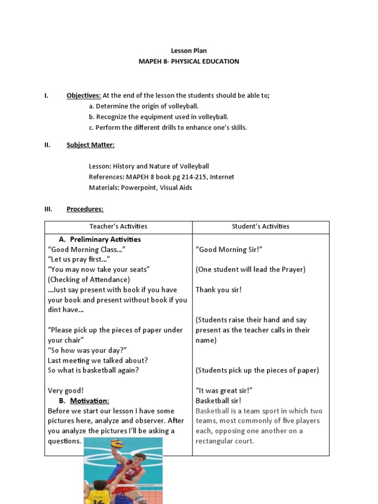 Lesson Plan Mapeh 8-Physical Education: A. Preliminary Activities | PDF ...