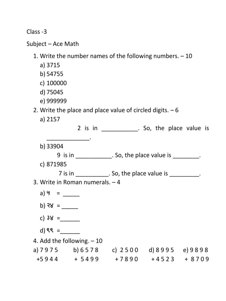 Class 3 and 4 Ace Math | PDF | Fraction (Mathematics) | Numbers