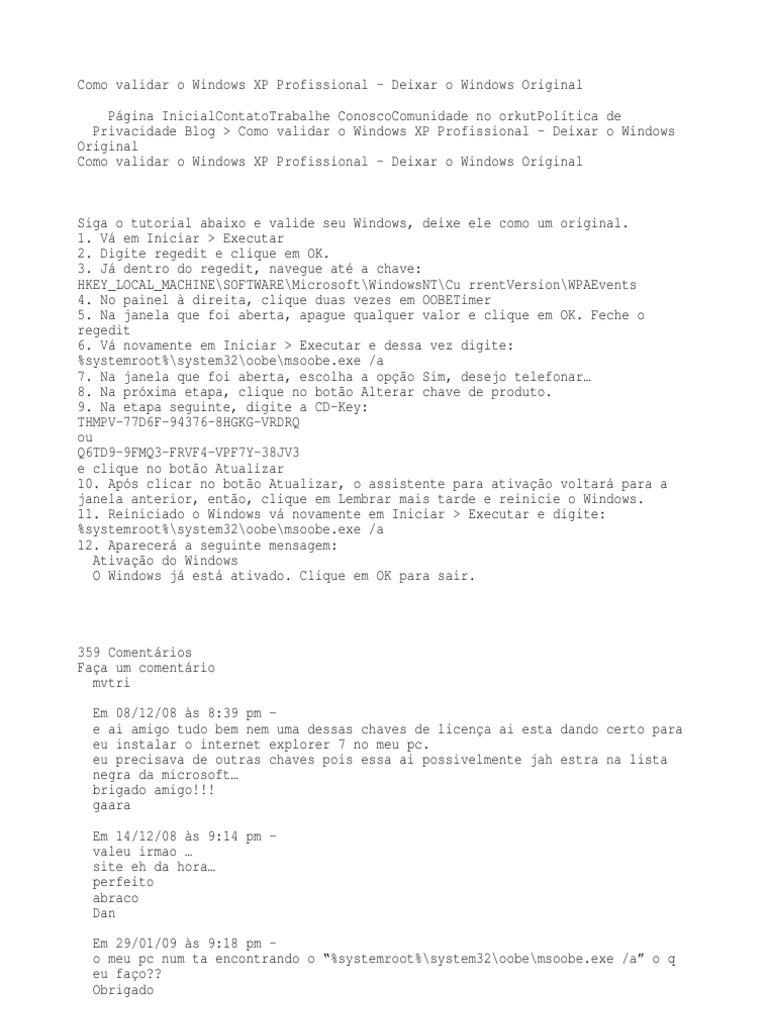 Como Validar o Win - XP - Pro | PDF | Registro do Windows | Microsoft Windows