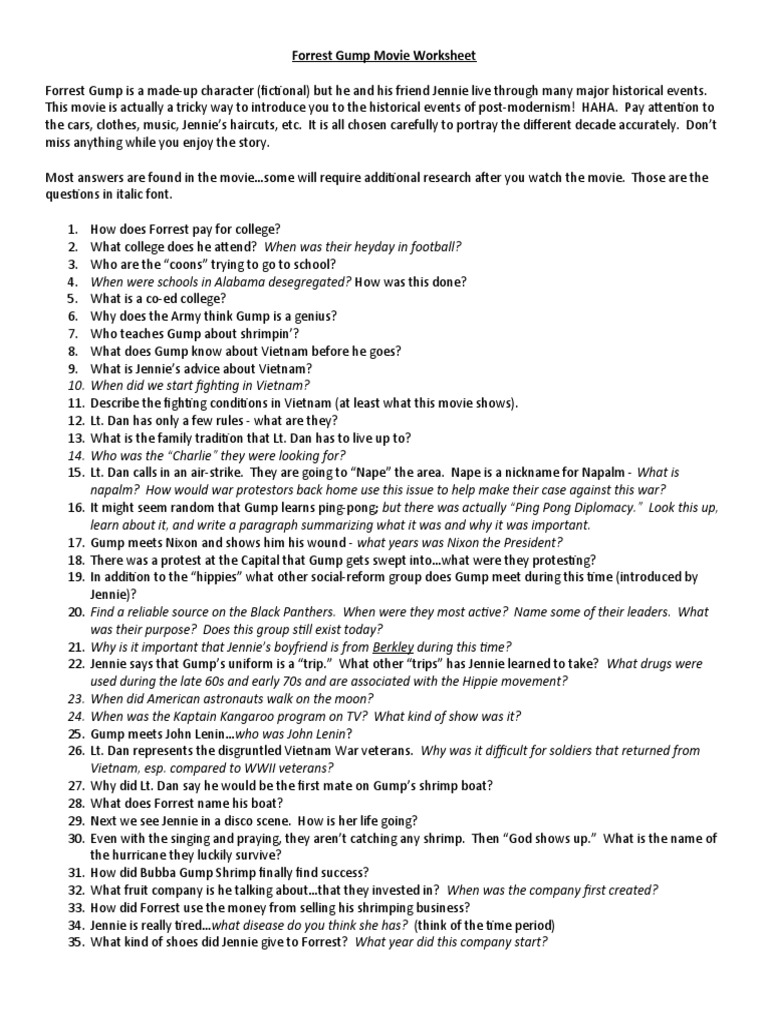 Forrest Gump Movie Worksheet | PDF
