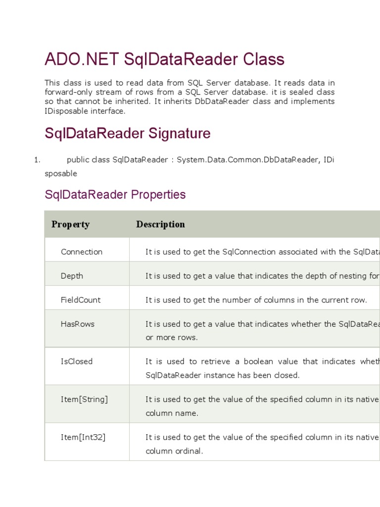 Sqldatareader Signature Pdf Microsoft Sql Server Boolean Data Type 