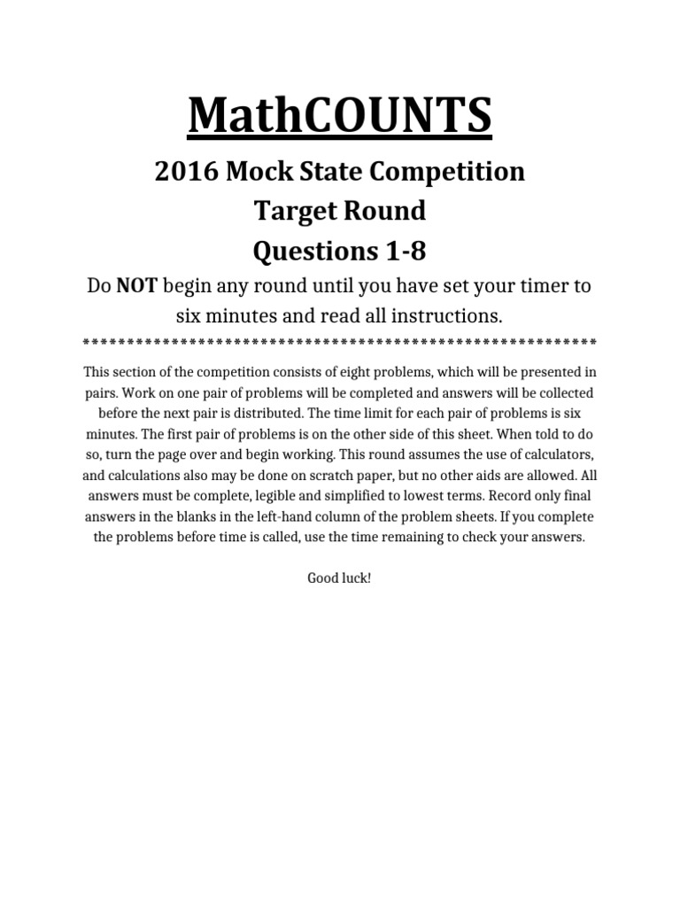 Mathcounts: 2016 Mock State Competition Target Round Questions 1 8 ...