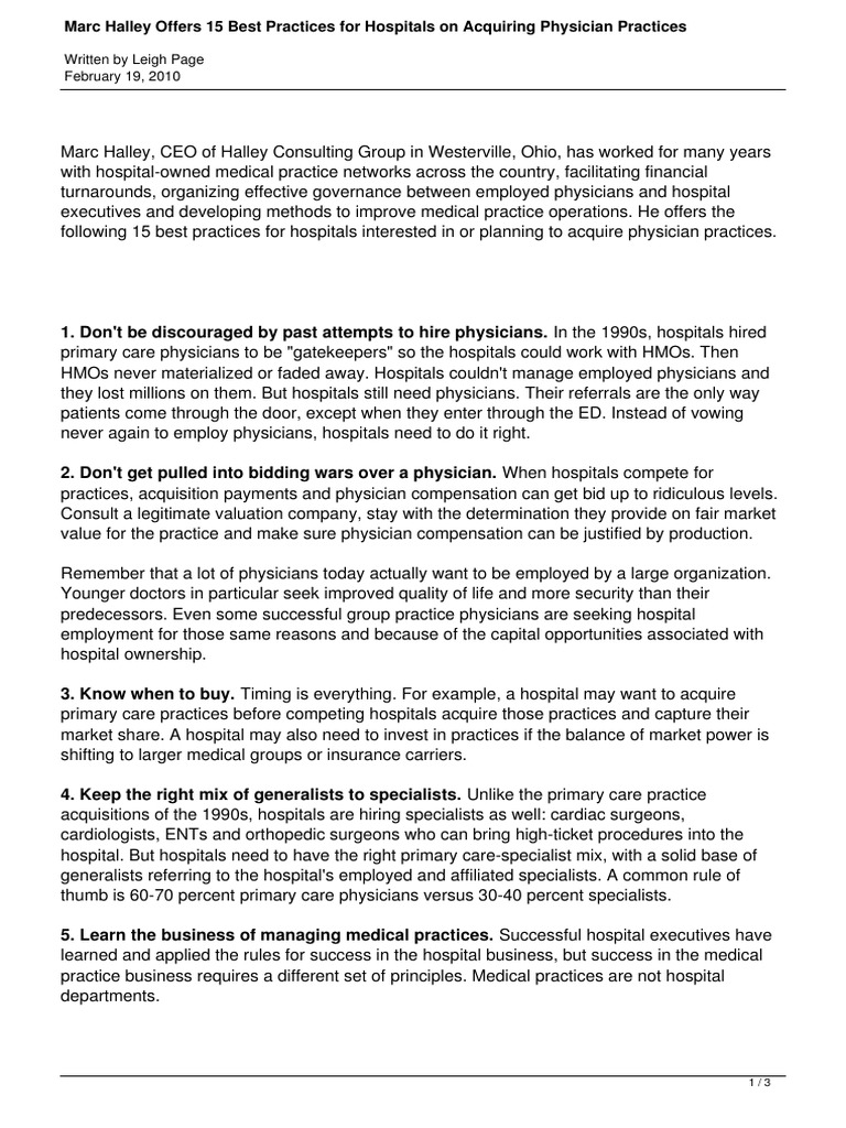 Marc Halley Offers 15 Best Practices For Hospitals On Acquiring ...