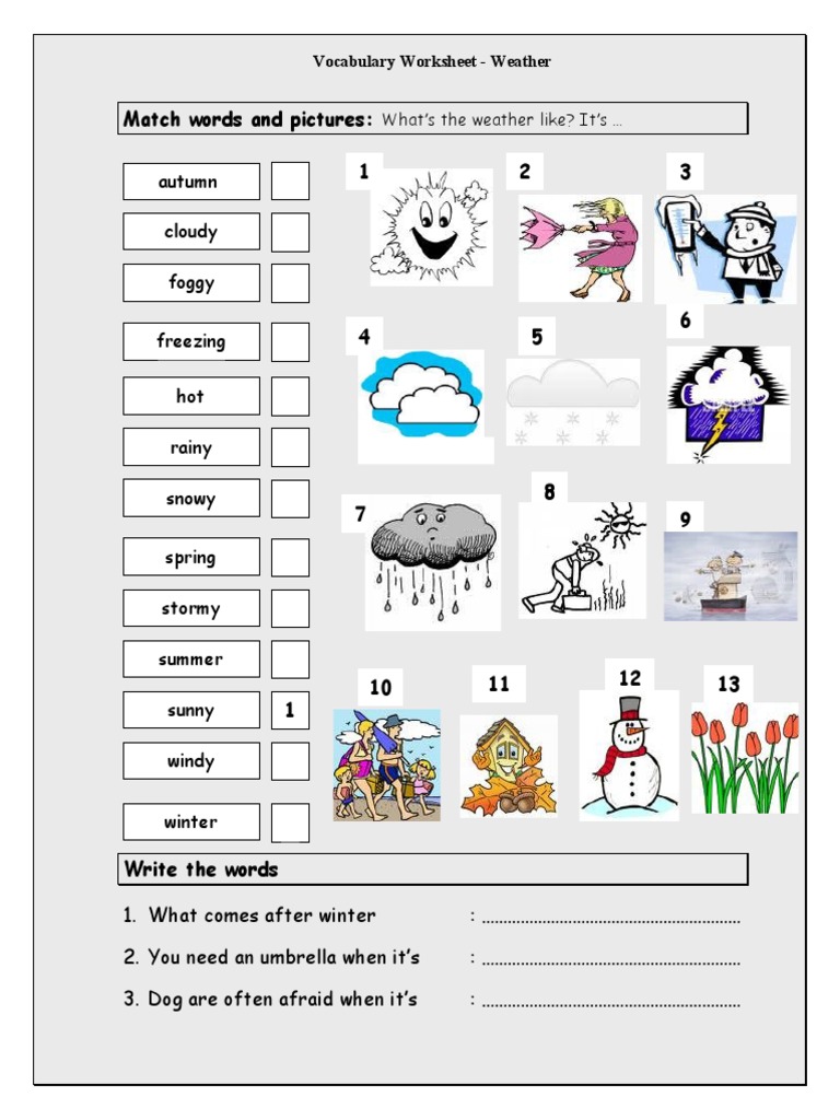 Vocabulary Matching Worksheet Weather Fun Activities Games - 4000 | PDF
