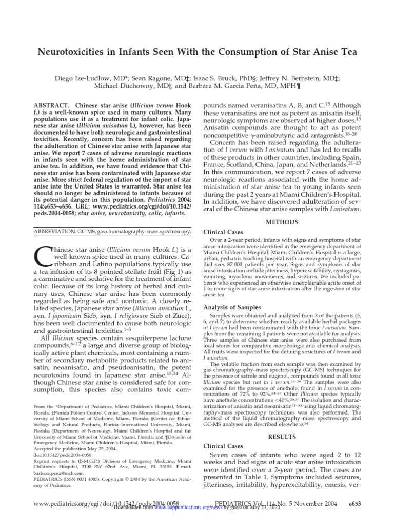 Neurotoxicities in Infants Seen With The Consumption of Star Anise Tea ...