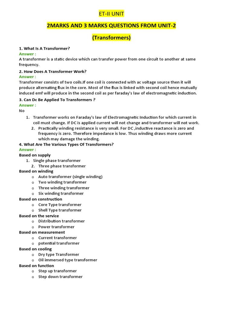 2marks and 3 Marks Questions From Unit-2 | PDF | Transformer | Electromagnetic Induction
