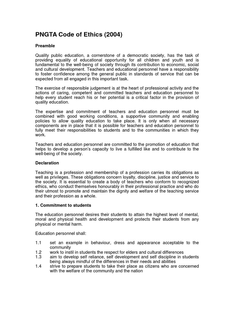 PNGTA Code of Ethics (2004) : Preamble | PDF | Profession | Competence ...