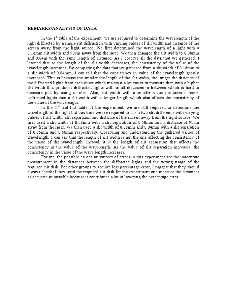 Remarks/Analysis of Data | PDF | Diffraction | Wavelength