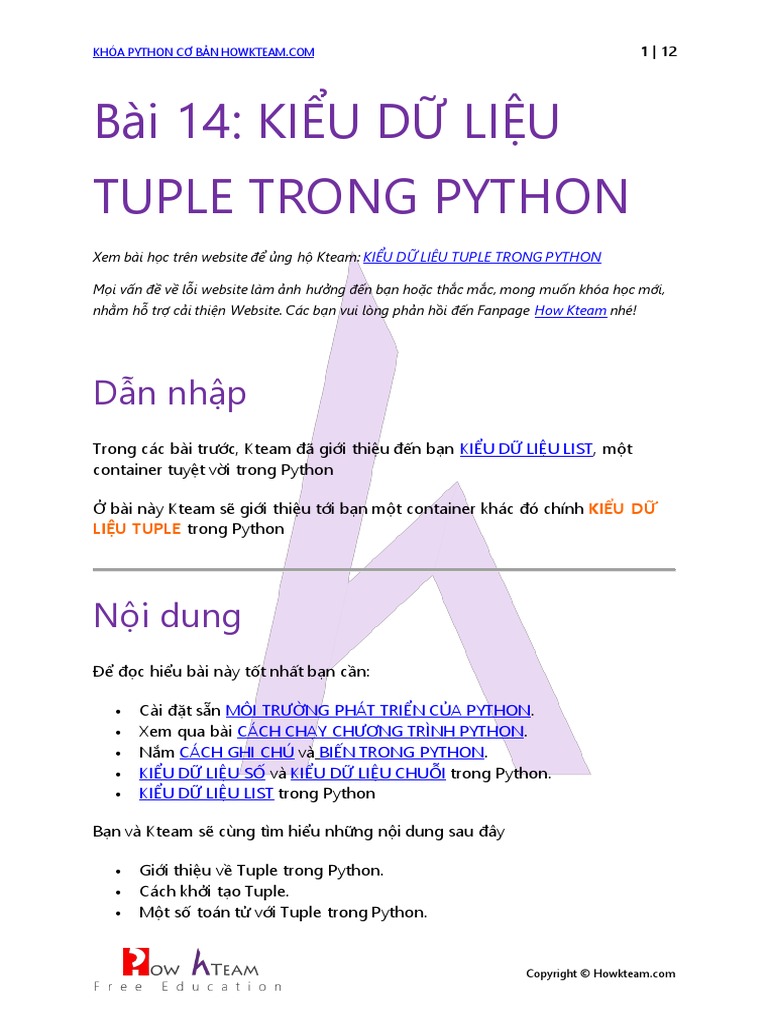Bài 14 - Kiểu dữ liệu Tuple trong Python | PDF
