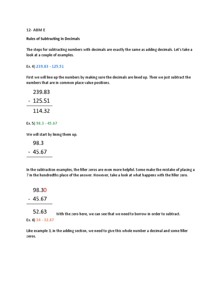 Rules for Performing Decimal Operations: A Guide to Subtracting ...