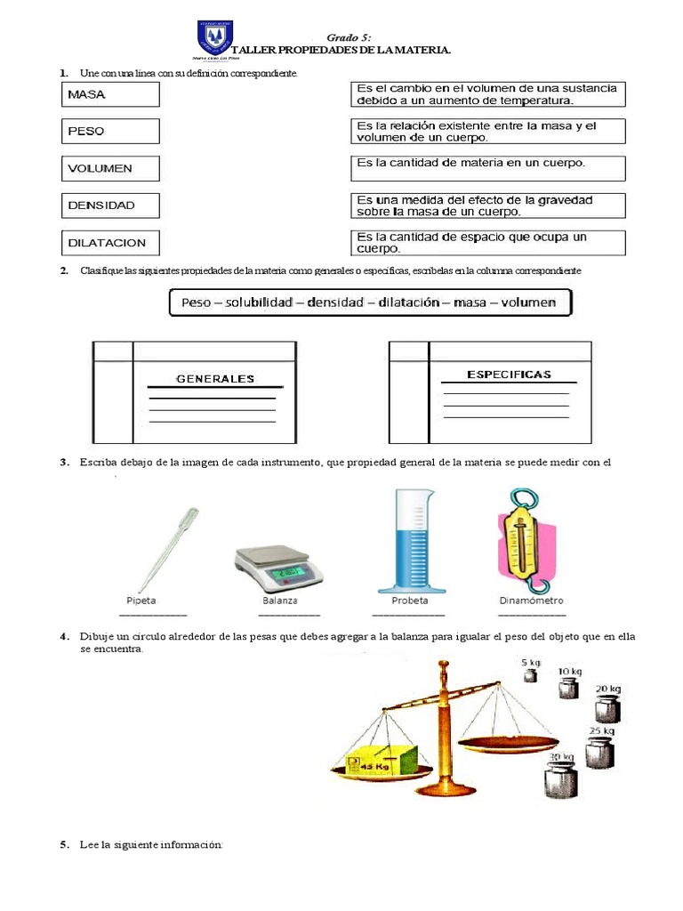 Taller Propiedades de La Materia 5° | PDF | Enseñanza de matemática ...