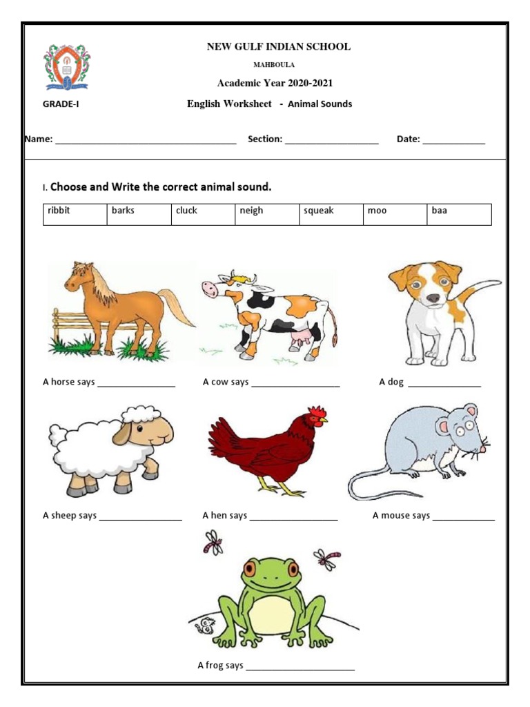 Grade 1 English: Animal Sounds Worksheet | PDF