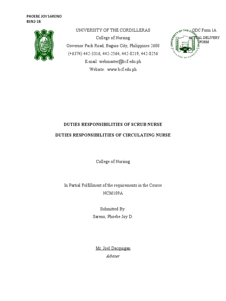 Duties and Responsibilities in or (SCRUB NURSE AND CIRCULATING NURSE ...