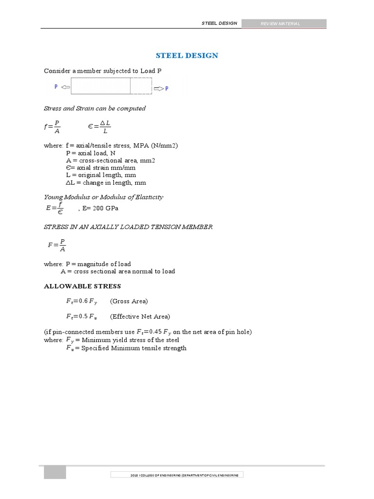 Steel Design: Stress and Strain can be computed f= P A Є= ∆ L L | PDF ...