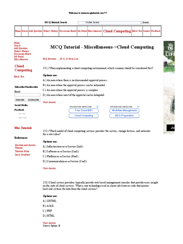 MCQ Tutorial - MCQ Questions For Set 31 in Cloud Computing | PDF ...
