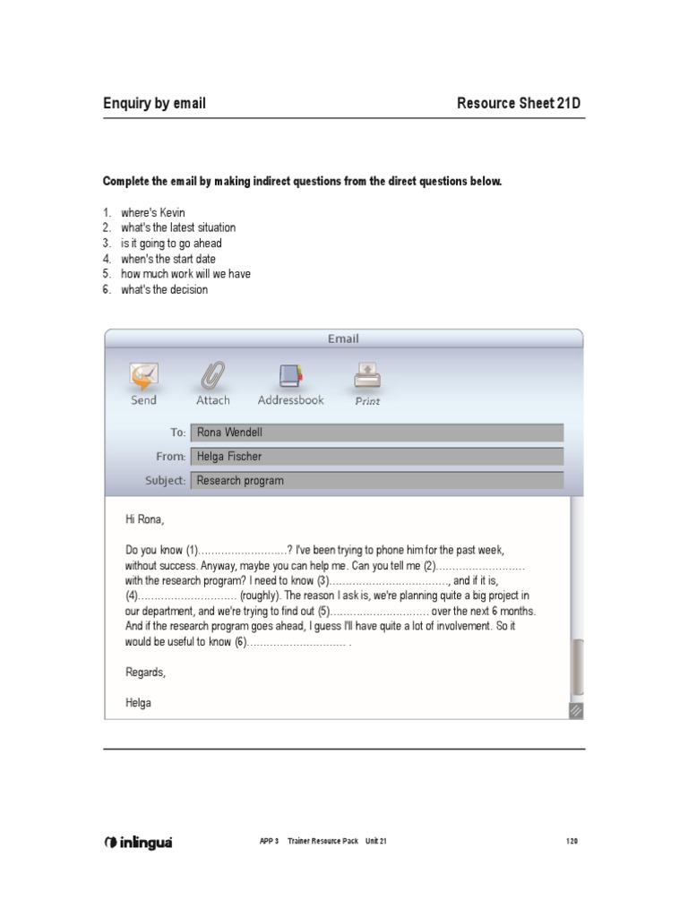 Enquiry by Email Resource Sheet 21D: Complete The Email by Making ...