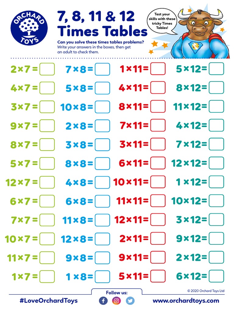 7 8 11 12 Times Tables Activity Sheet | PDF