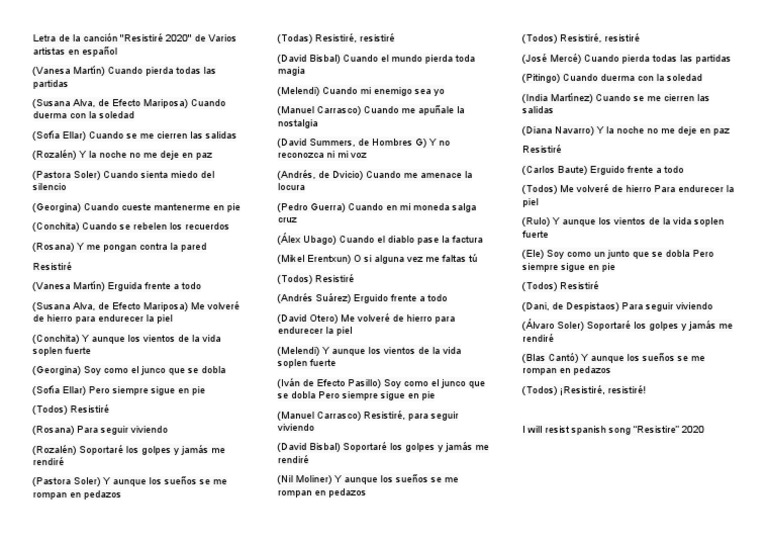 Resistire - Letra de La Canción - Spanish | PDF | Músicos europeos ...