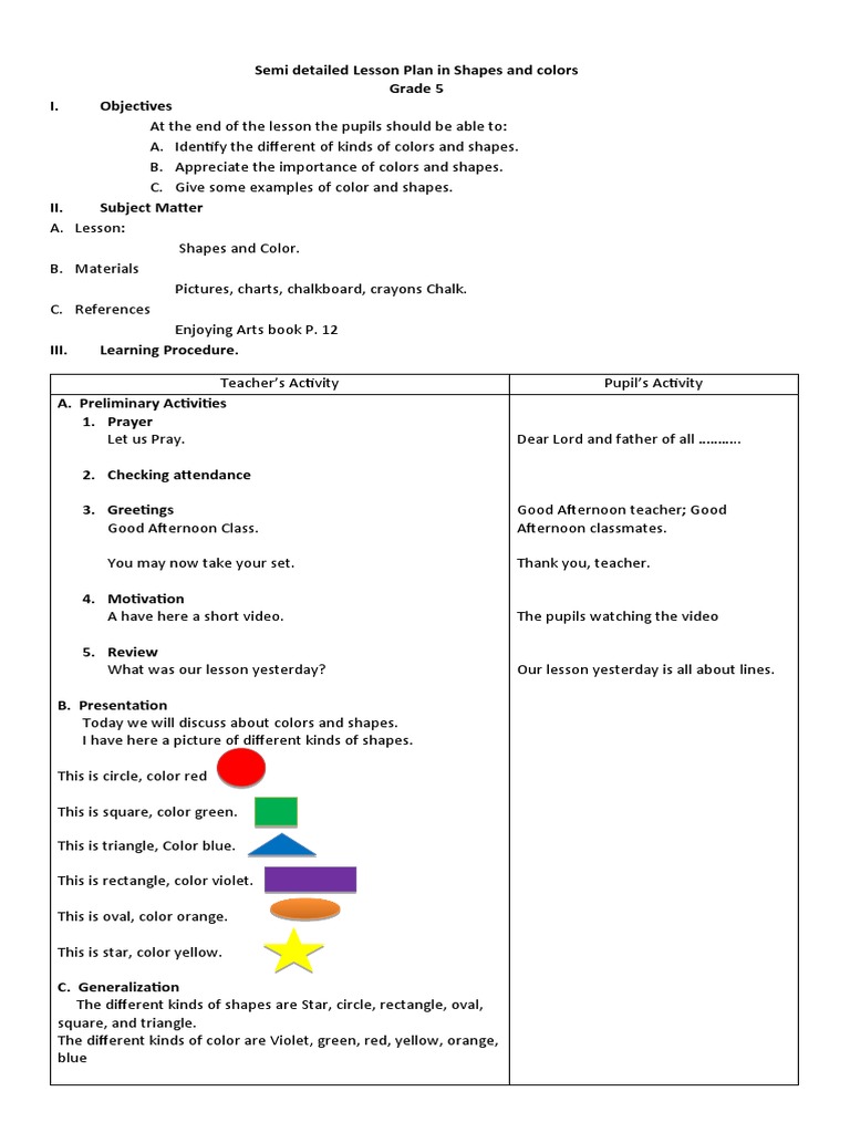 Semi Detailed Lesson Plan in Shapes and Colors Grade 5 I. Objectives ...