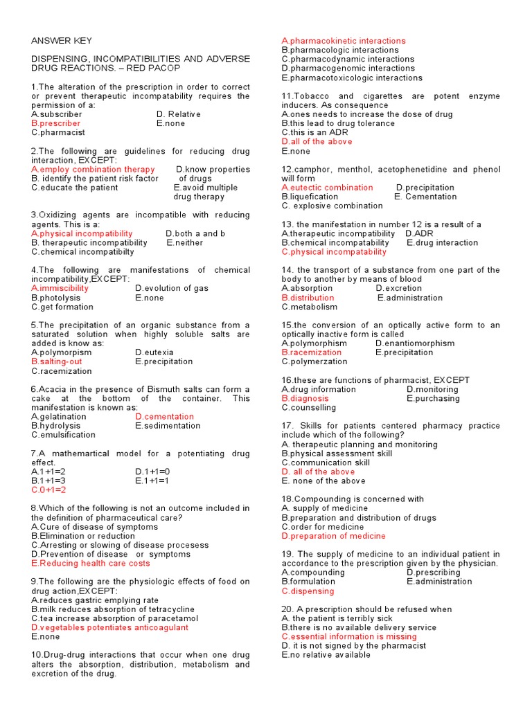 Dispensing, Incompatibilities and Adverse Drug Reactions Answer Key ...