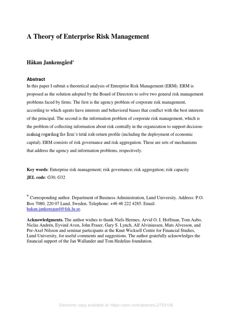 SSRN-A Theory of Enterprise Risk Management PDF | PDF | Risk | Risk ...