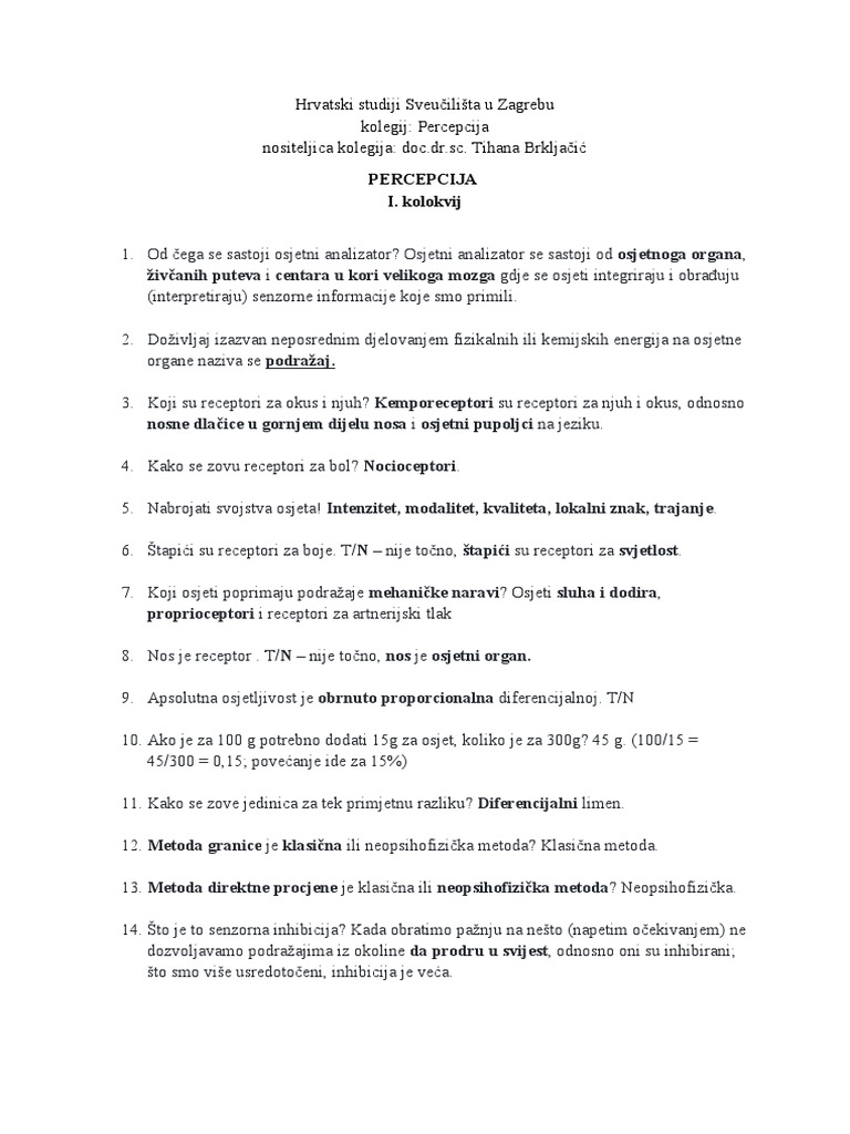 Percepcija - I. Kolokvij (Pitanja) | PDF