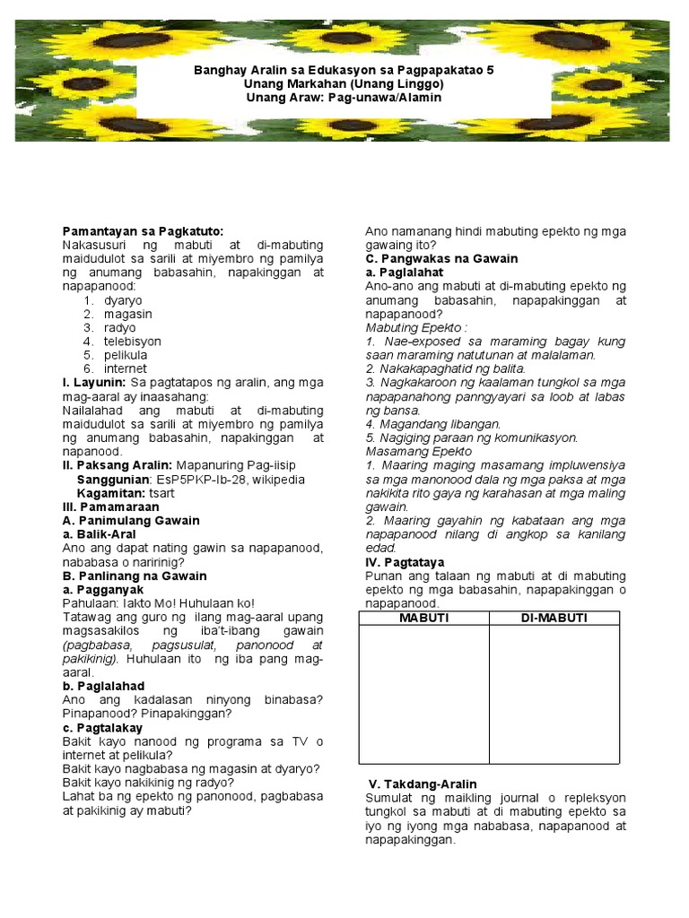 Lesson Plans in EsP K12 1st Grading 2nd Week | PDF