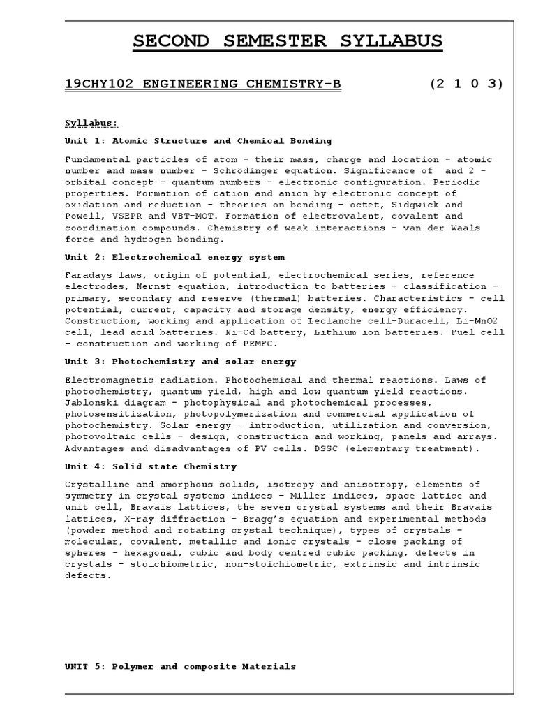 Second Semester Syllabus: 19chy102 Engineering Chemistry-B (2 1 0 3 ...
